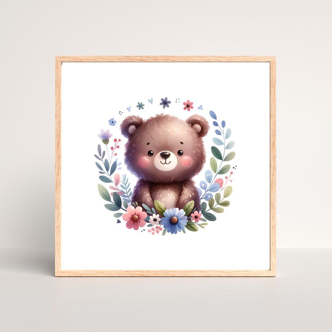 Digital Poster: Cute Bear Surrounded by Flowers – Perfect for the ...