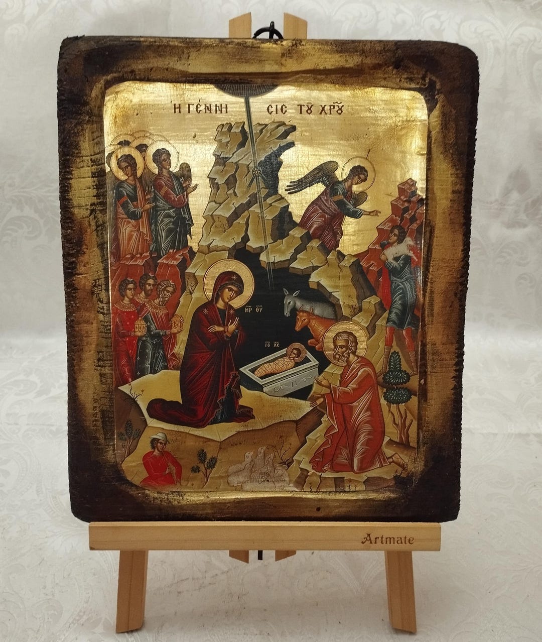 The Birth of Christ. Orthodox Handmade Aged Greek Religious Icon Based ...