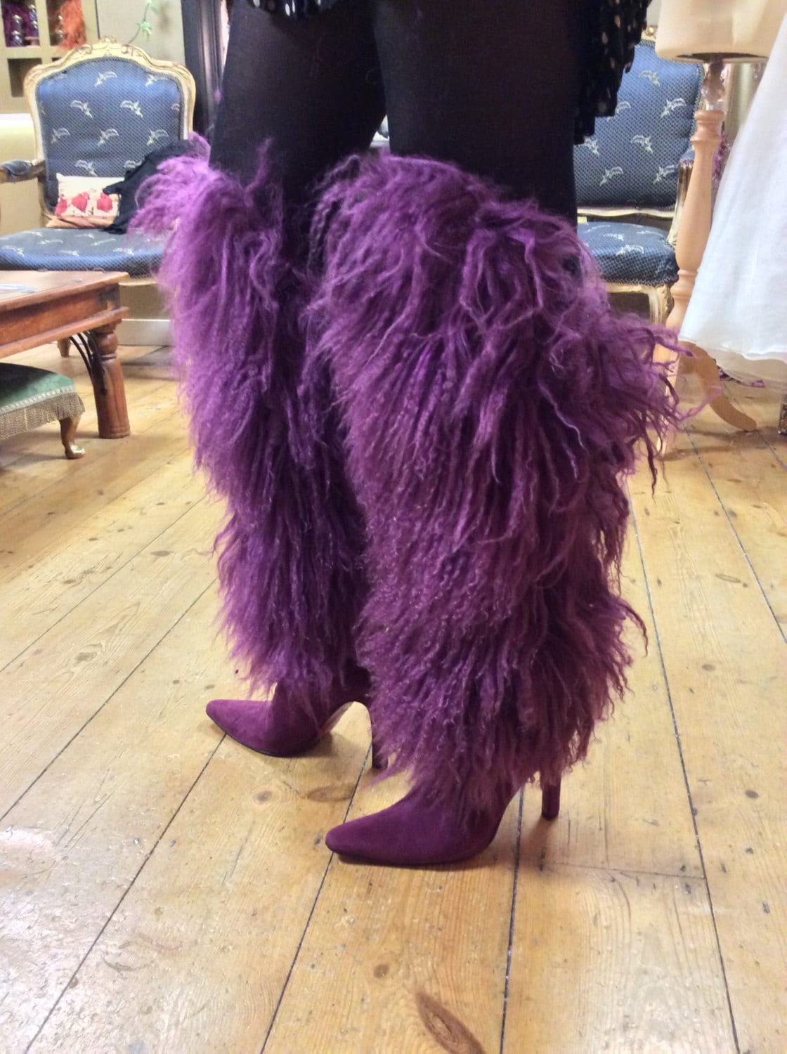 Christian Louboutin Purple Goat Fur Suede Thigh High Faun Boots, Size ...