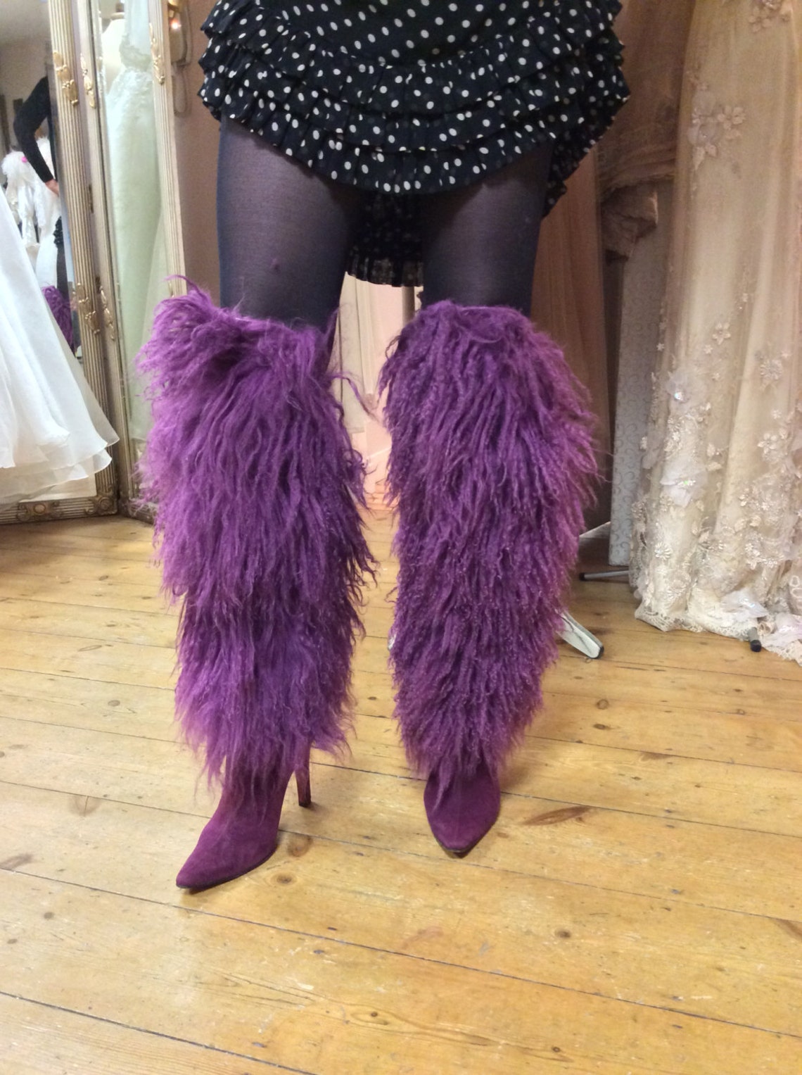 Christian Louboutin Purple Goat Fur Suede Thigh High Faun Boots, Size ...