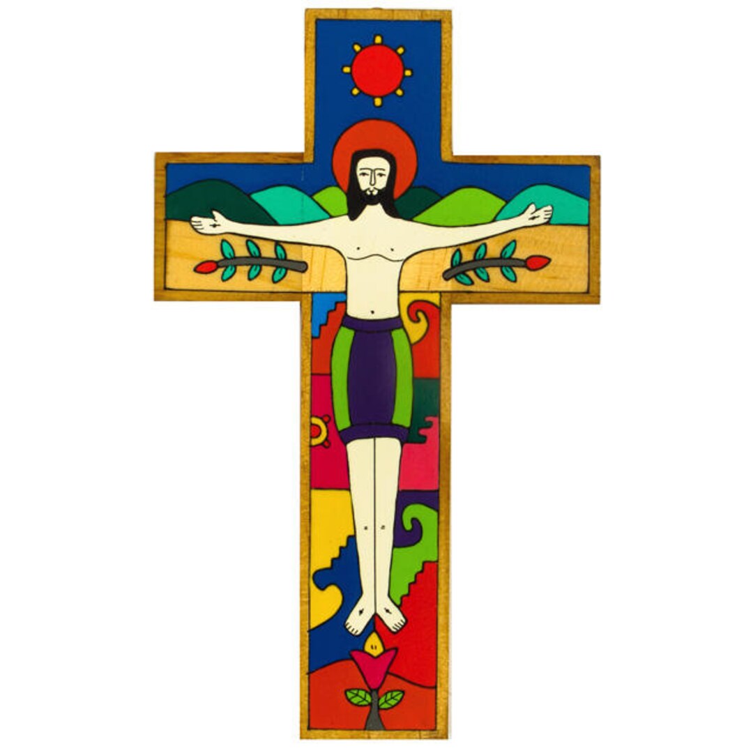 10" (25cms) Hand Painted Crucifix. Modern Style Image of Christ ...