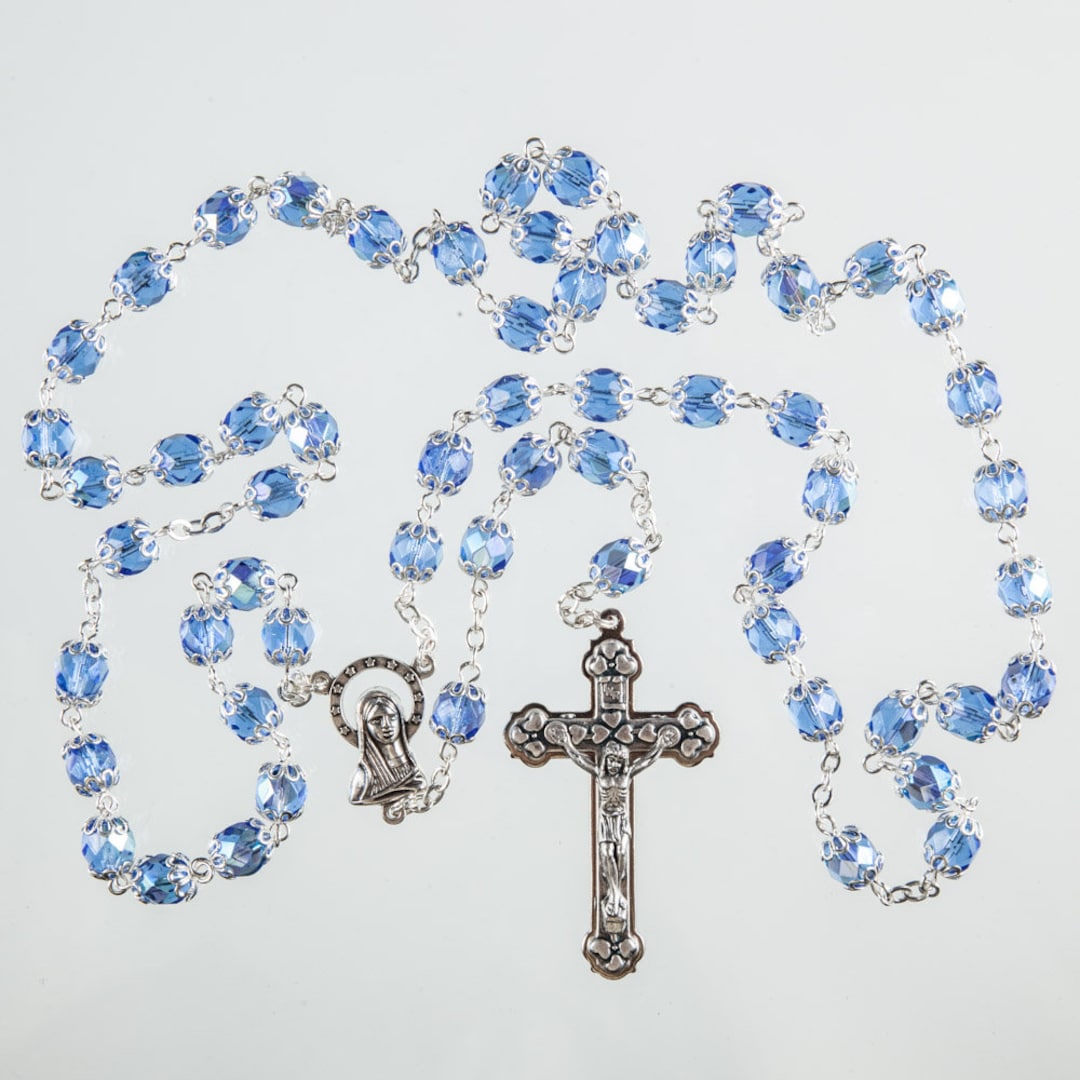 Large Carved Glass Blue Rosary Beads. Hand Made With Filigree Covering ...