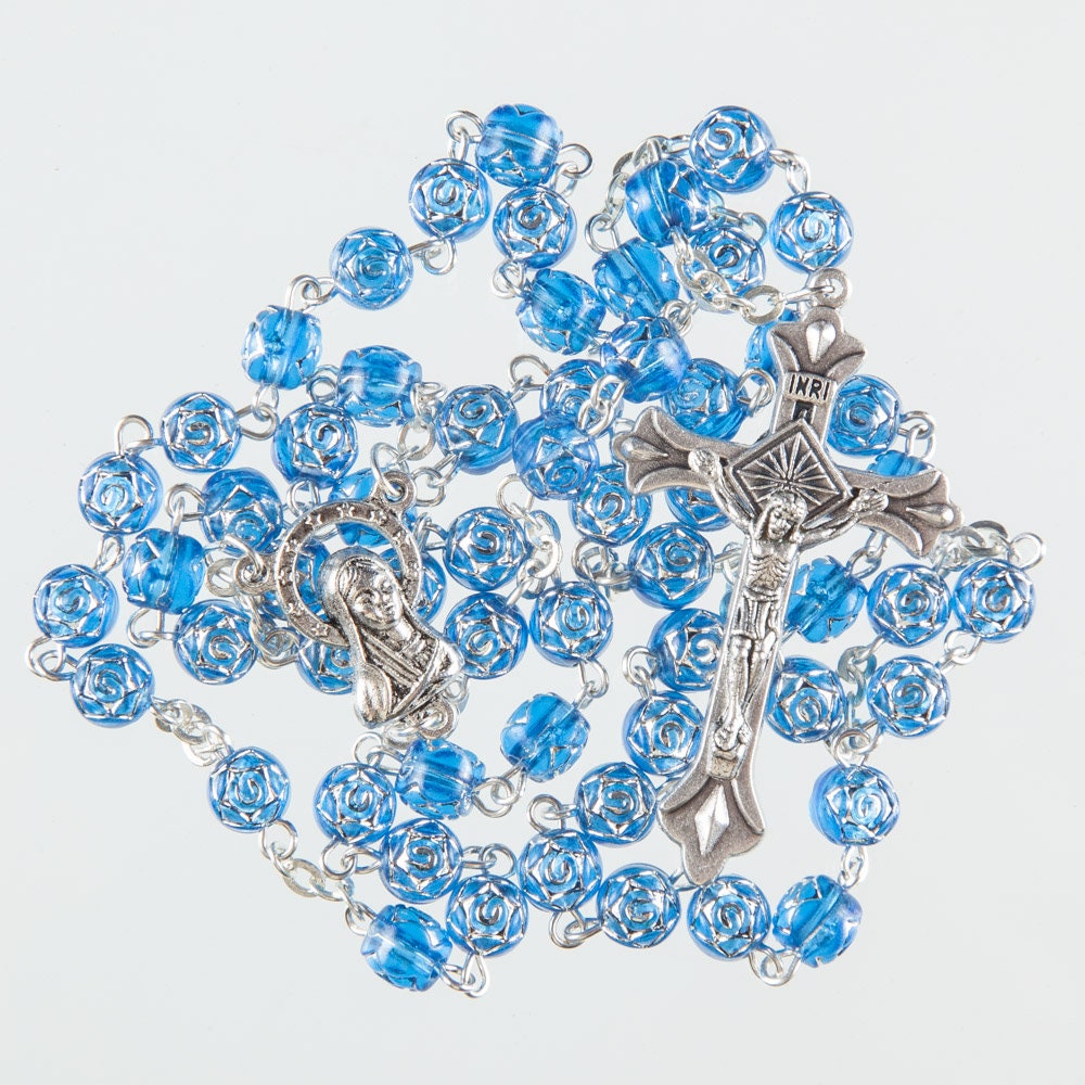 Blue 'rose Petal' Rosary Beads. Hand Made Rosary. - Etsy