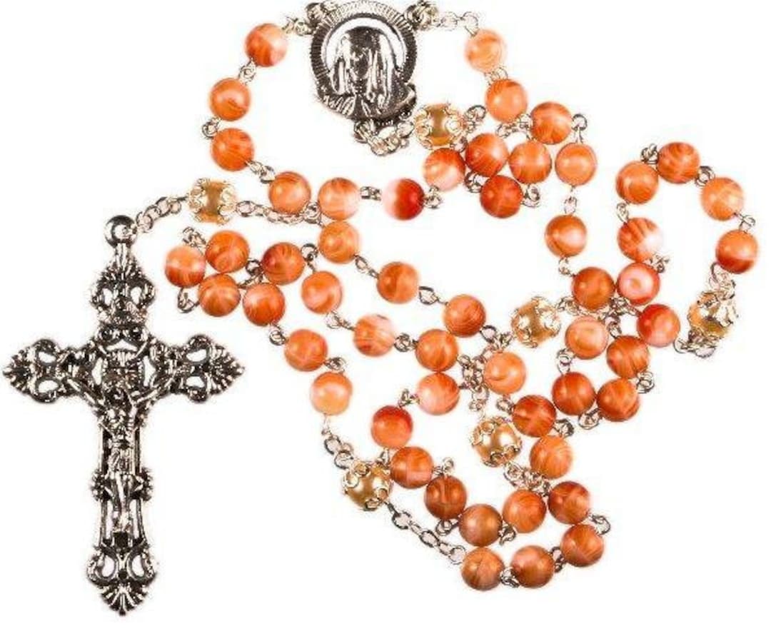Coral Pattern Bead Rosary Beads. Made by Hand. Miraculous Medal of Our ...