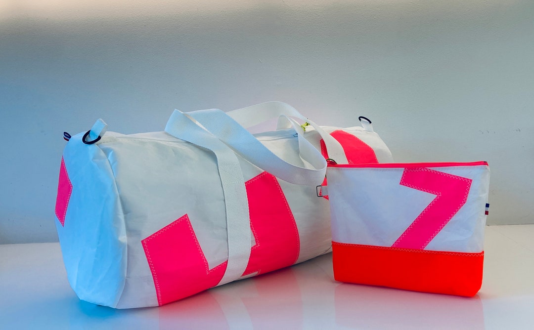 NEON PINK Travel Set Upcycled Sail Cloth LARGE Duffle Bag and Cosmetic ...