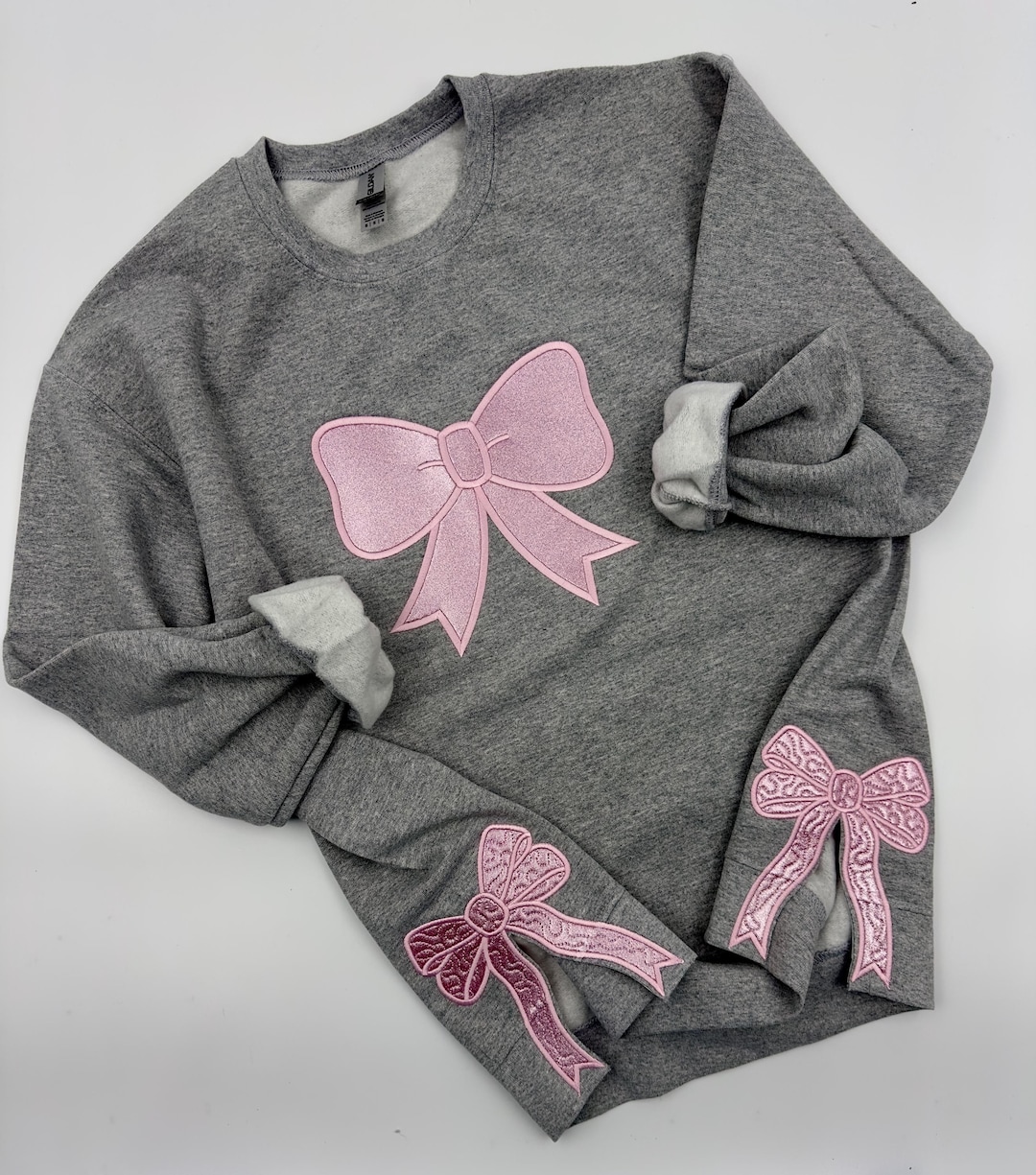 Side Bow and Big Bow Sweatshirt, Custom Grandmillennial Coquette Style, Glitter Holiday Bow ...
