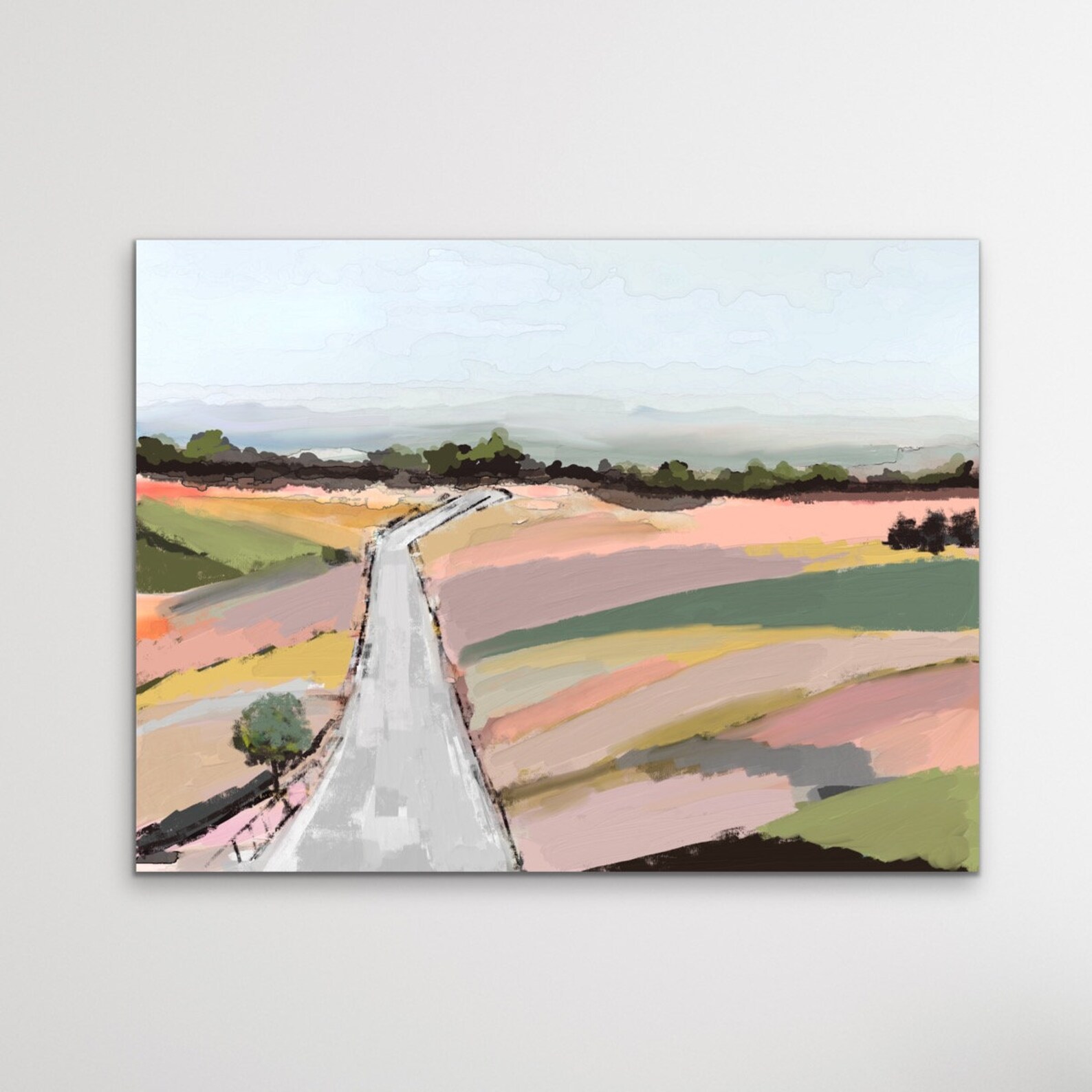 Abstract Landscape Wall Art, Pink Fields Mountains Skyline, Modern ...