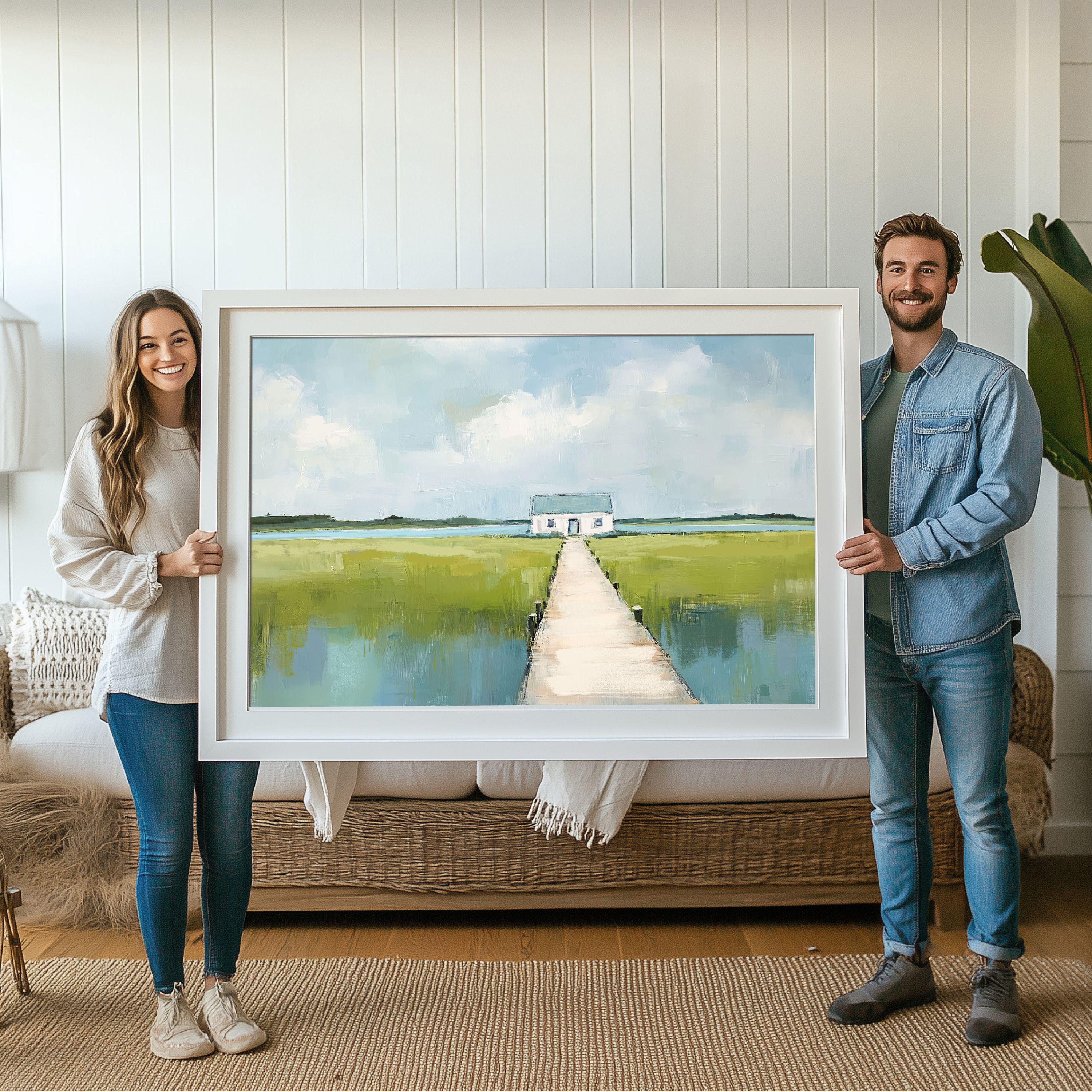 Coastal Marsh Landscape Art Print, Cottagecore Wall Art, Aqua Blue and ...