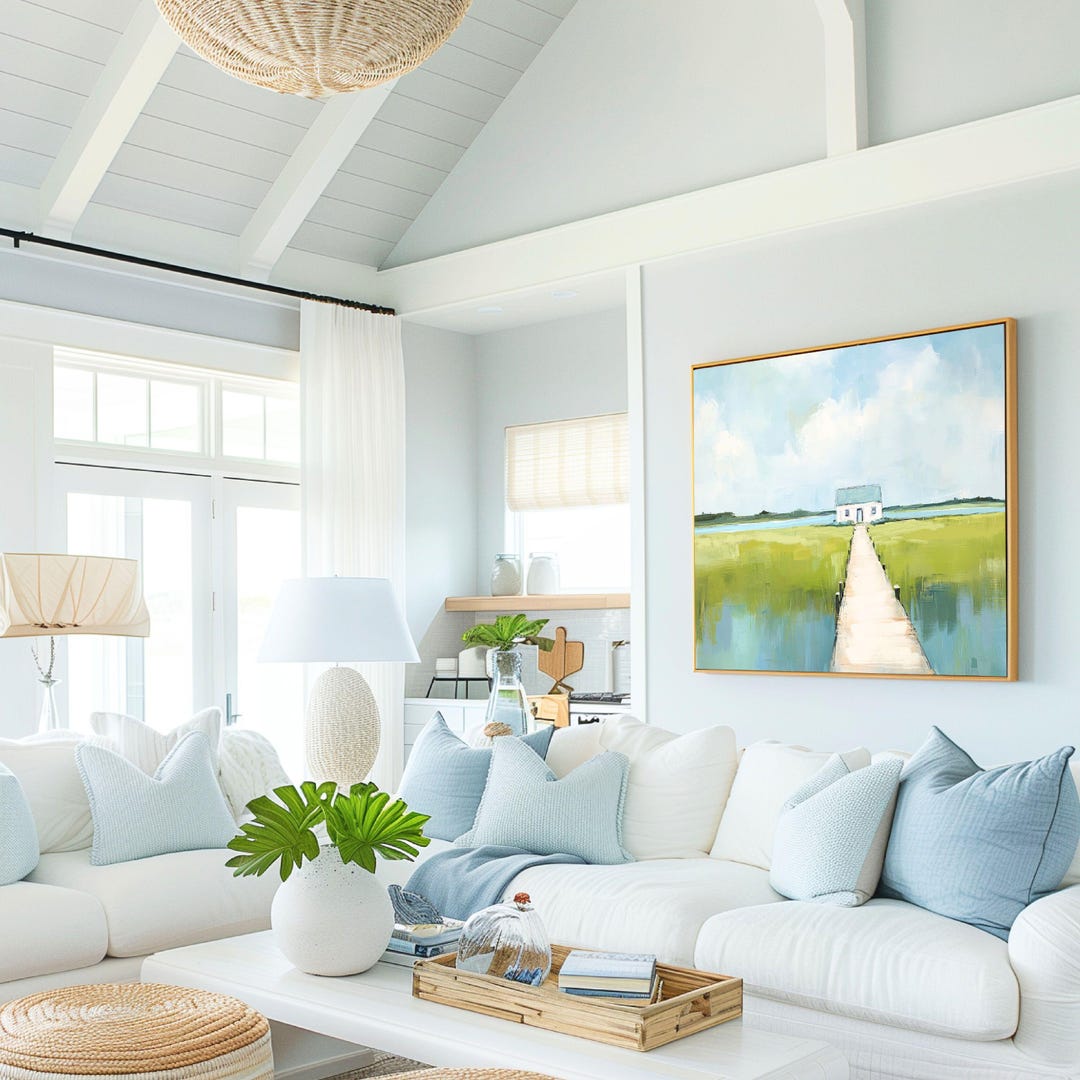 Coastal Marsh Landscape Art Print, Cottagecore Wall Art, Aqua Blue and ...