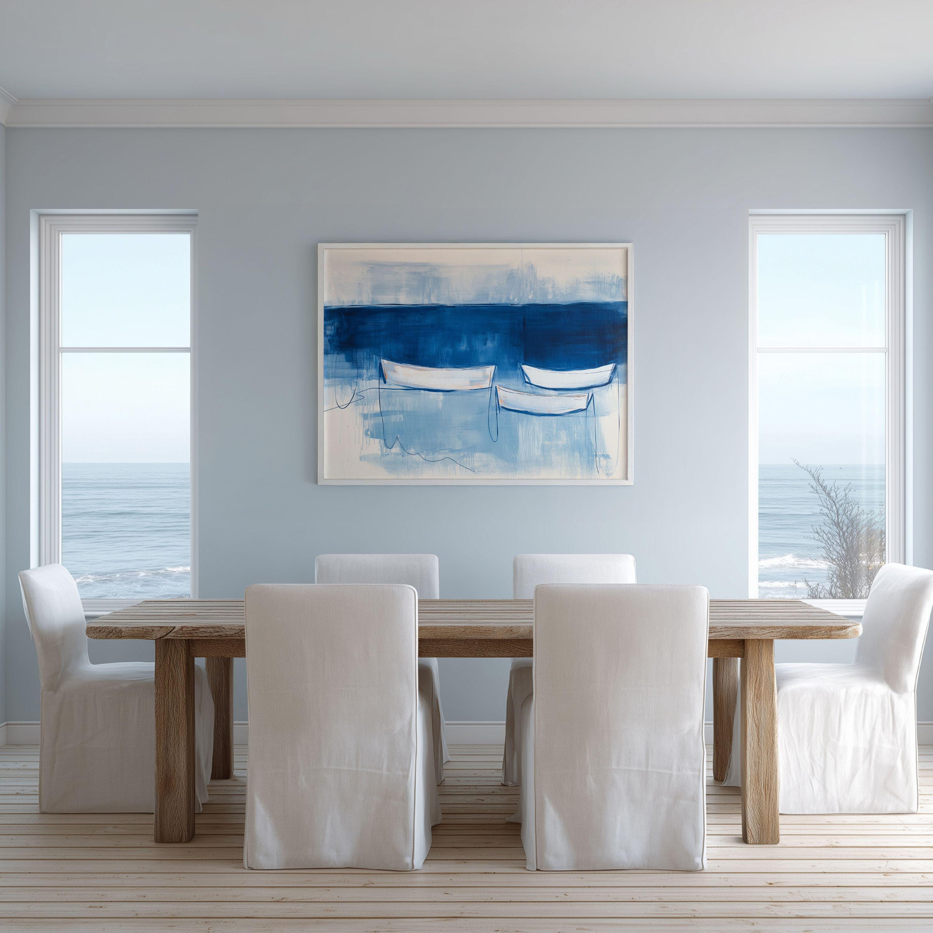 Blue Abstract Coastal Wall Art Print, Minimalist Boat Painting ...