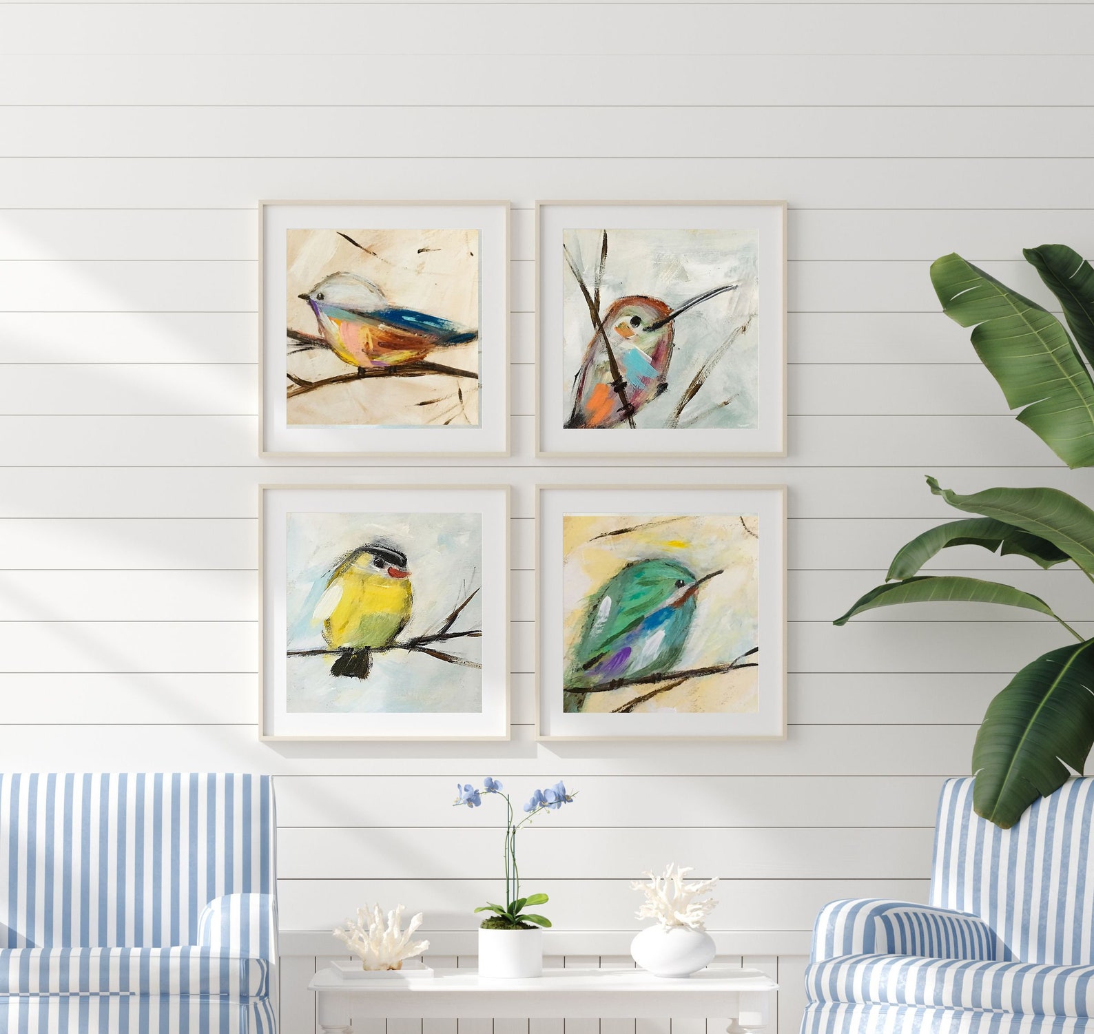 Hummingbird, Yellow Bird, Bird Art, Bird Print Set, Set of 4, 6x6, 8x8 ...