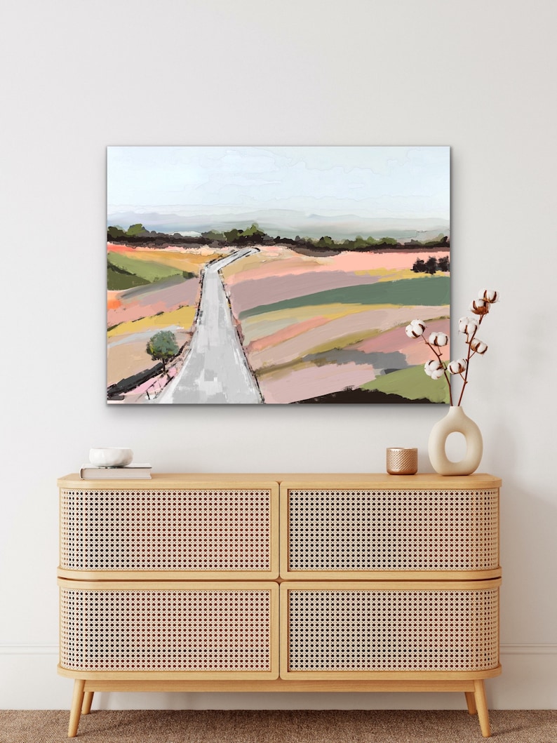 Abstract Landscape Wall Art, Pink Fields Mountains Skyline, Modern ...