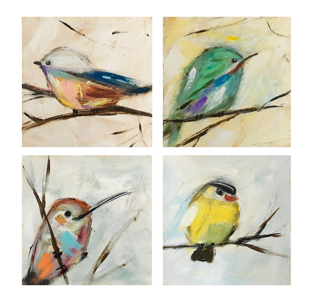 Hummingbird, Yellow Bird, Bird Art, Bird Print Set, Set of 4, 6x6, 8x8 ...