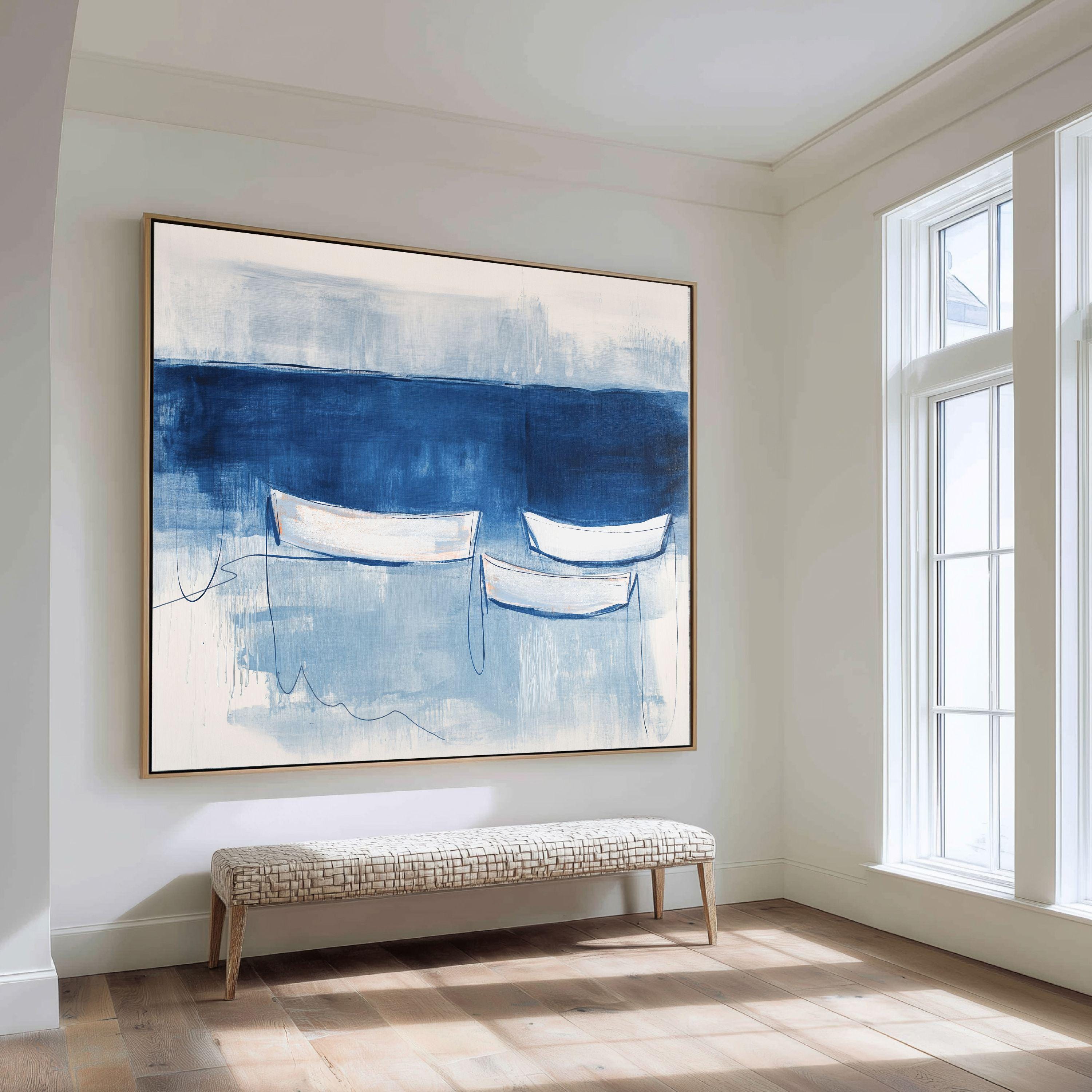 Blue Abstract Coastal Wall Art Print, Minimalist Boat Painting ...