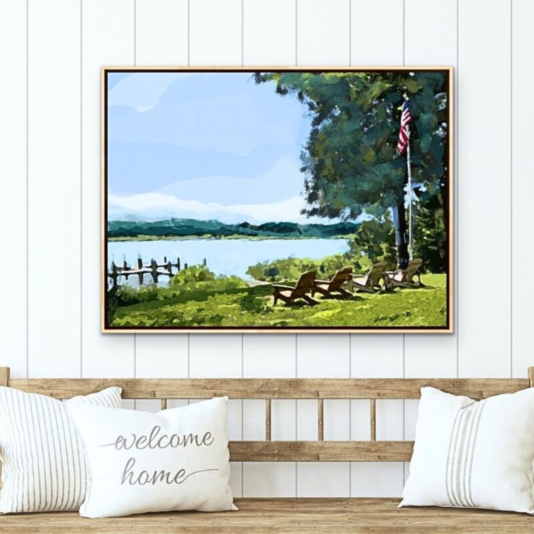 American Flag and Adirondack Chairs Dockside and Riverfront View With ...