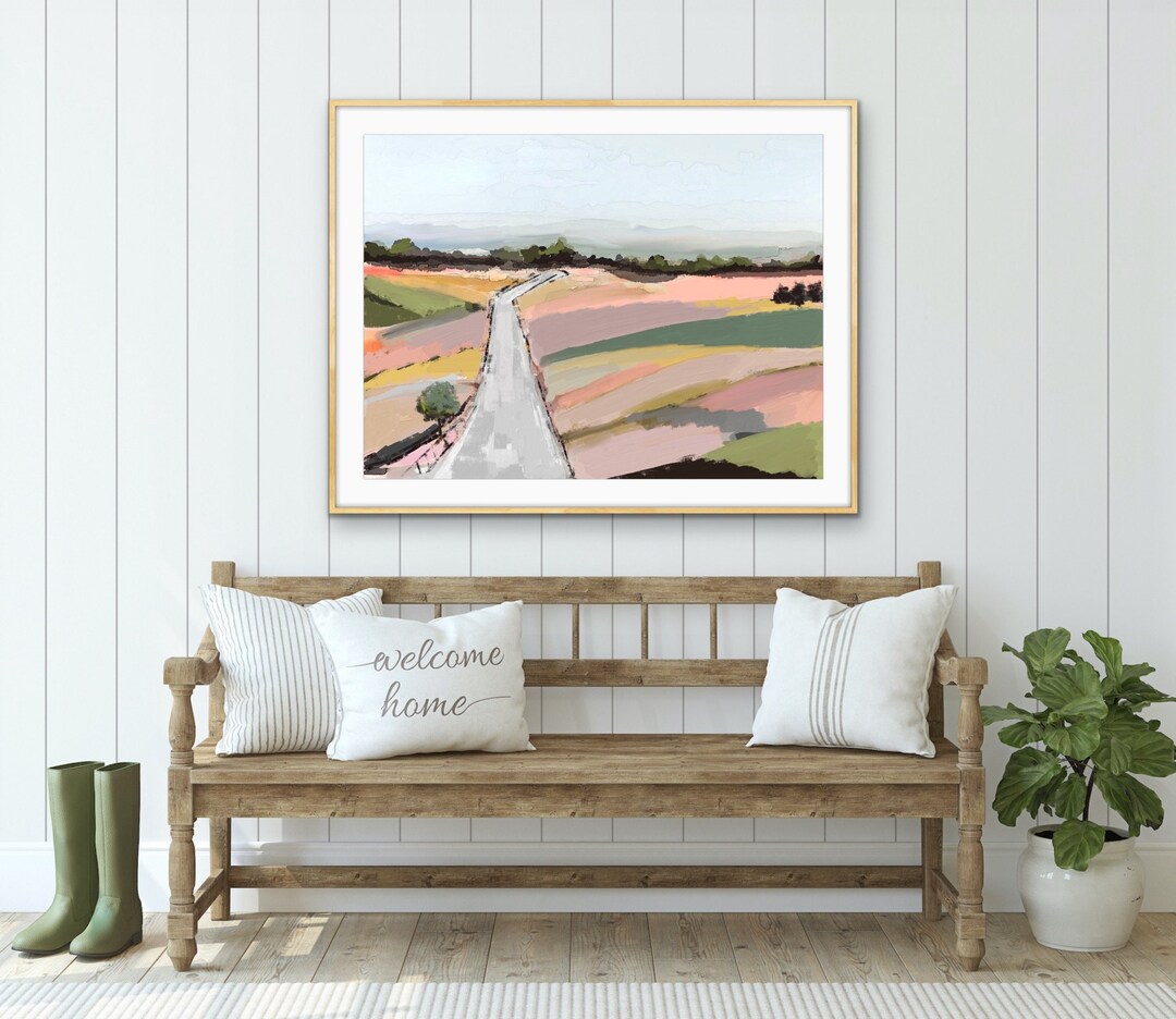 Abstract Landscape Wall Art, Pink Fields Mountains Skyline, Modern ...