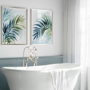 Tropical Wall Art Palm Leaf Print in Blue and Green, Coastal Botanical ...