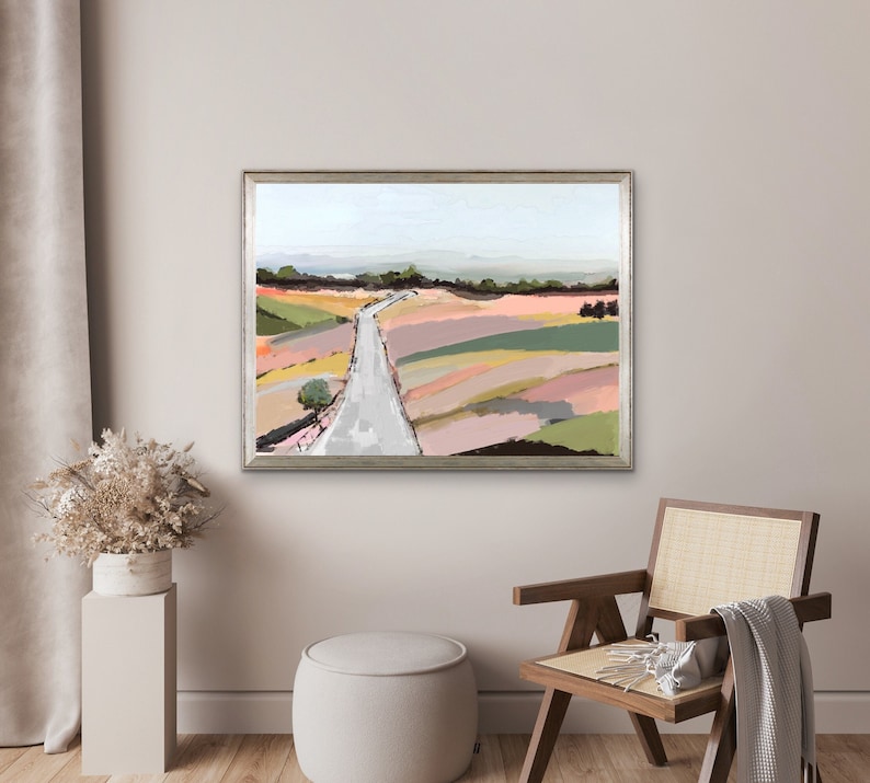 Abstract Landscape Wall Art, Pink Fields Mountains Skyline, Modern ...