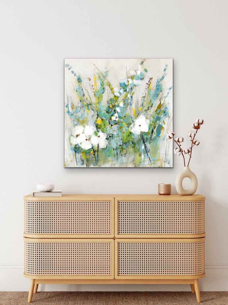 Floral Wall Art, Aqua Blue Wild Flowers Abstract Artwork, Abstract ...