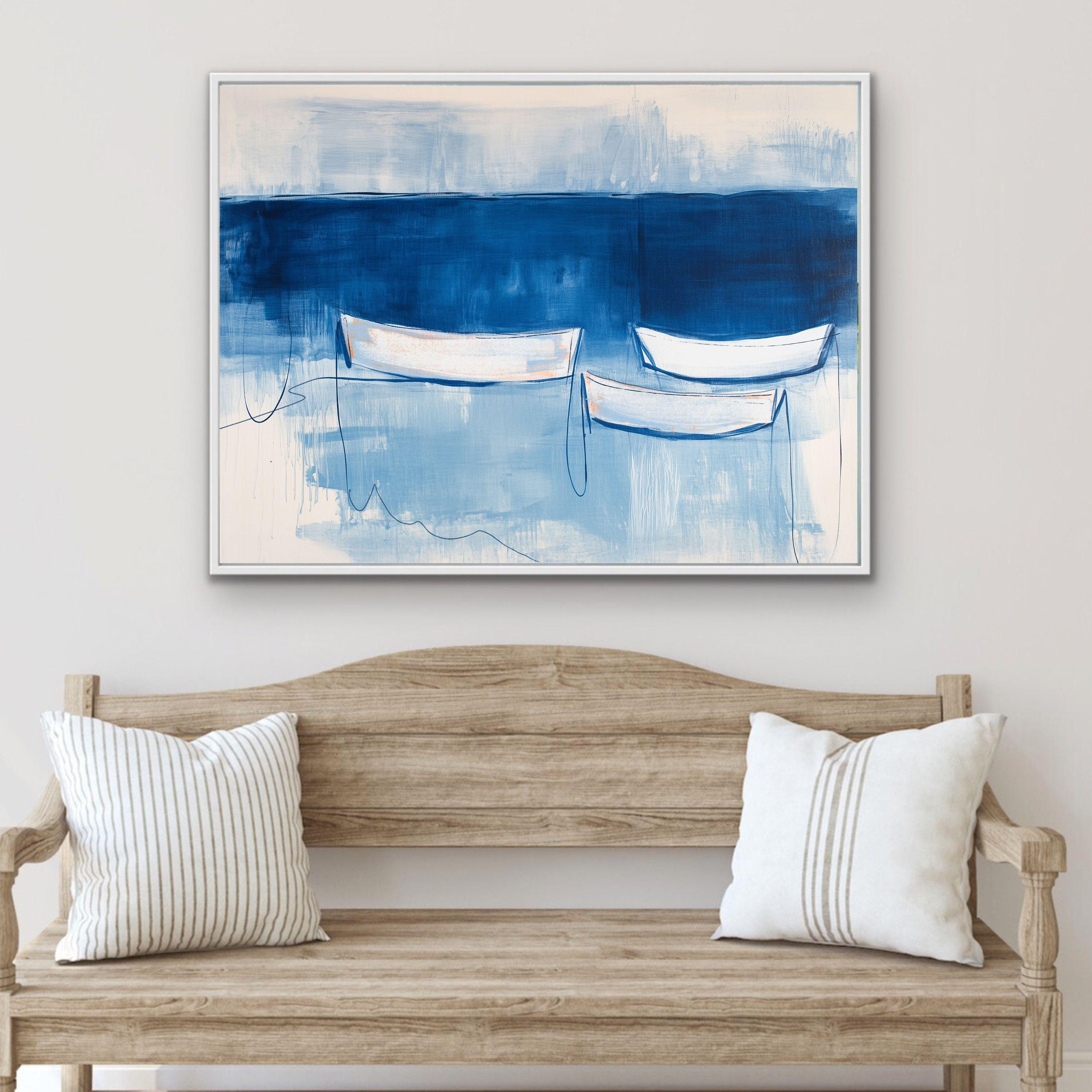 Blue Abstract Coastal Wall Art Print, Minimalist Boat Painting ...