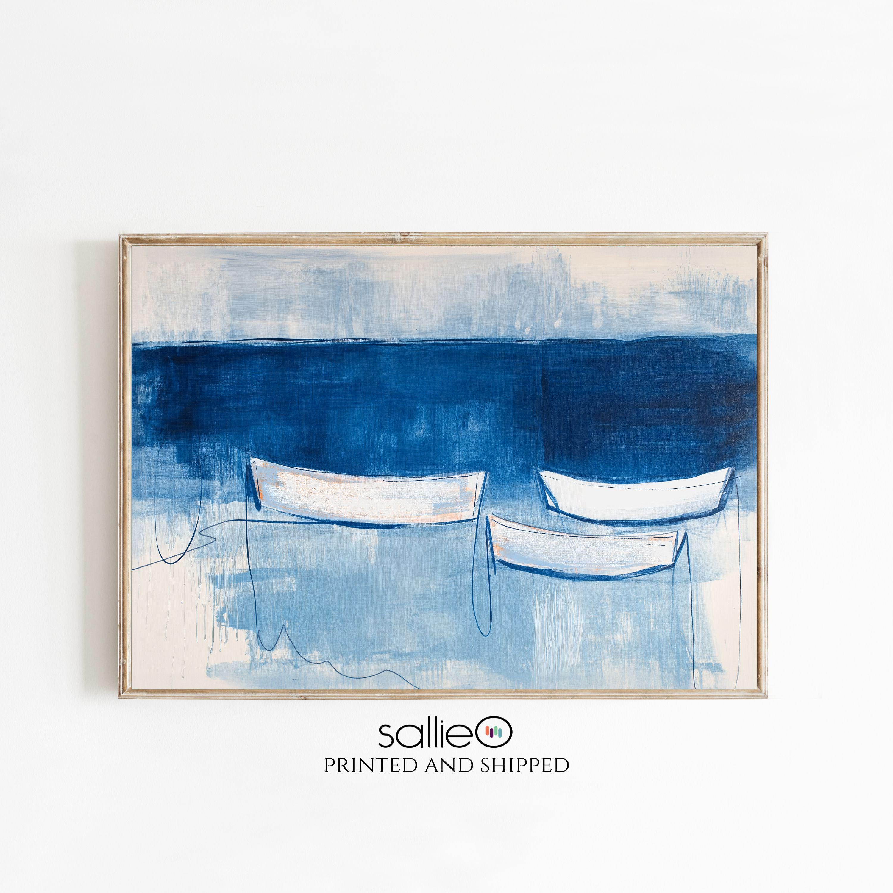 Blue Abstract Coastal Wall Art Print, Minimalist Boat Painting ...