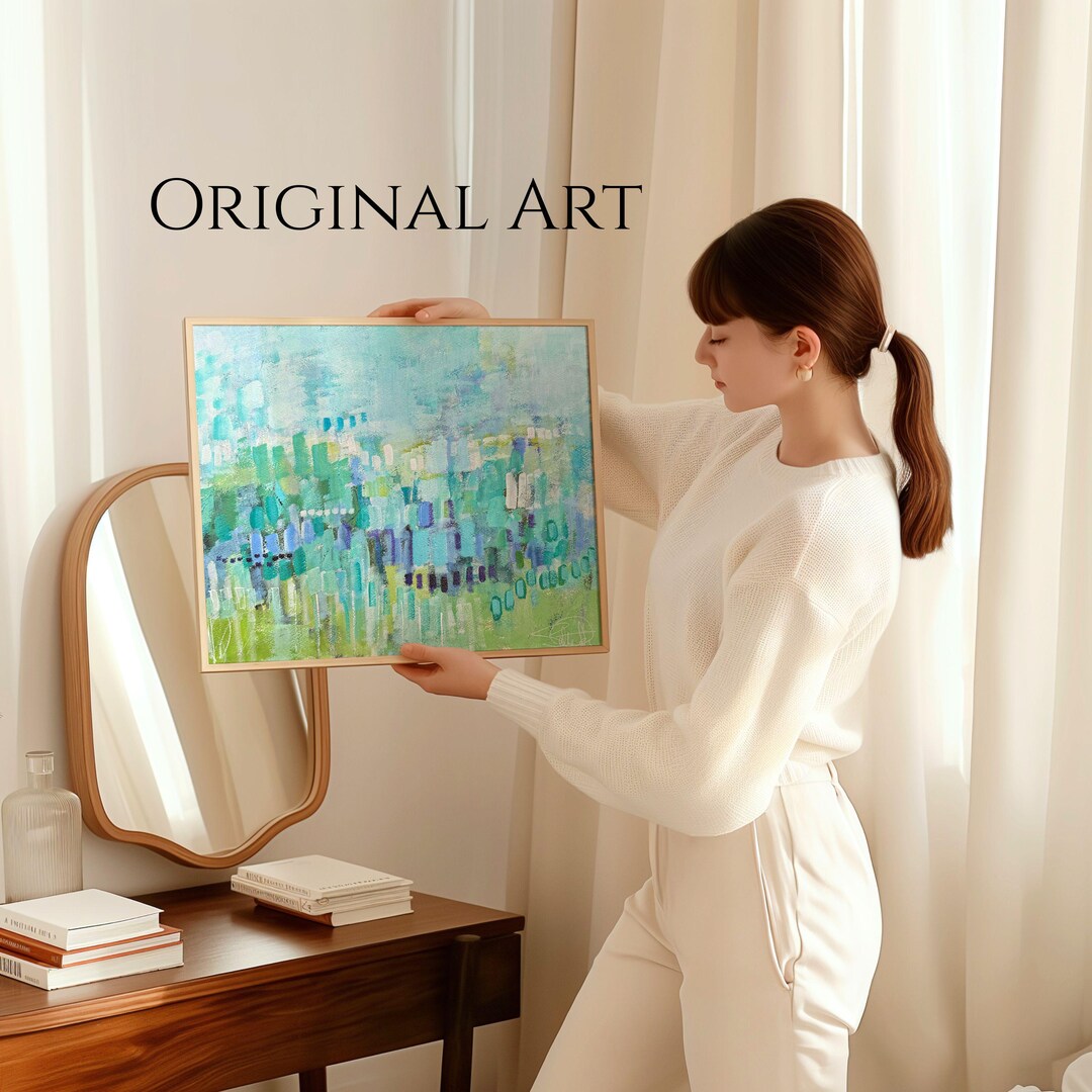 Abstract Marsh Landscape Painting: Green & Blue Coastal Art (16x12 ...