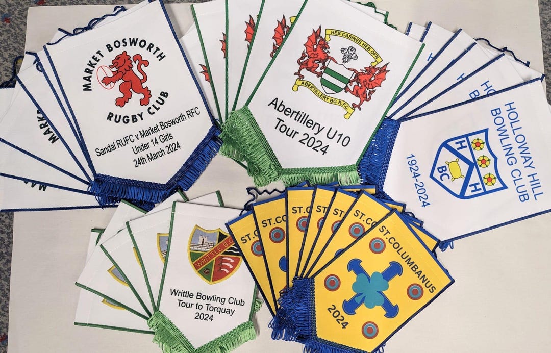 Personalised Printed Pennants, 5 Colour Trims, 3 Sizes, Sports Pennants ...