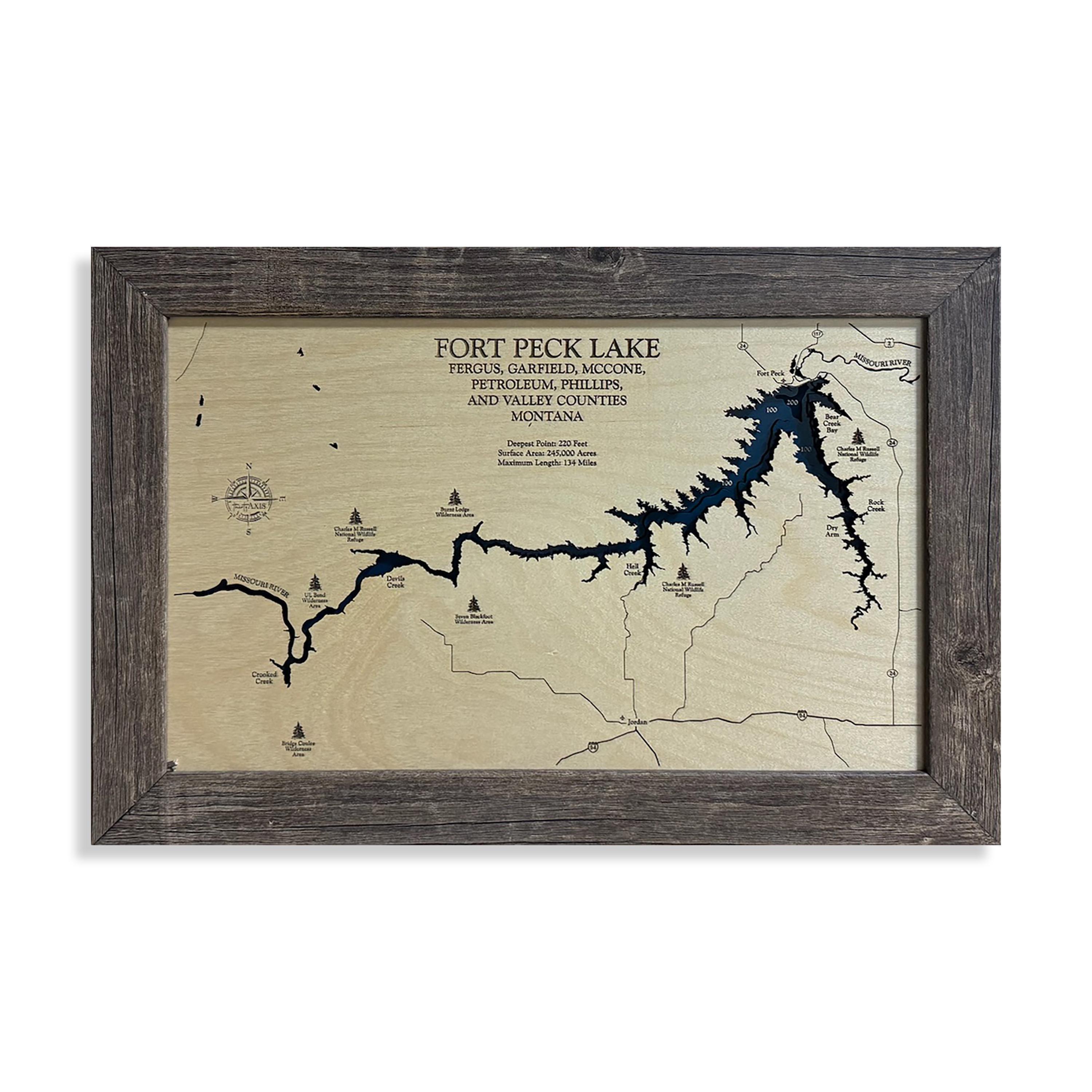 Fort Peck Lake Map, Fort Peck Map, Custom Lake Map, Wood Lake Map, 3D ...