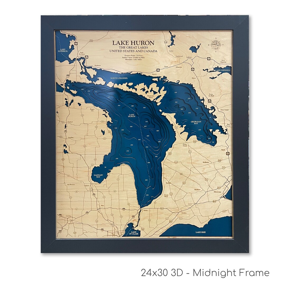 Lake Huron Dimensional - Wood Carved Depth Contour Map - Customize With ...