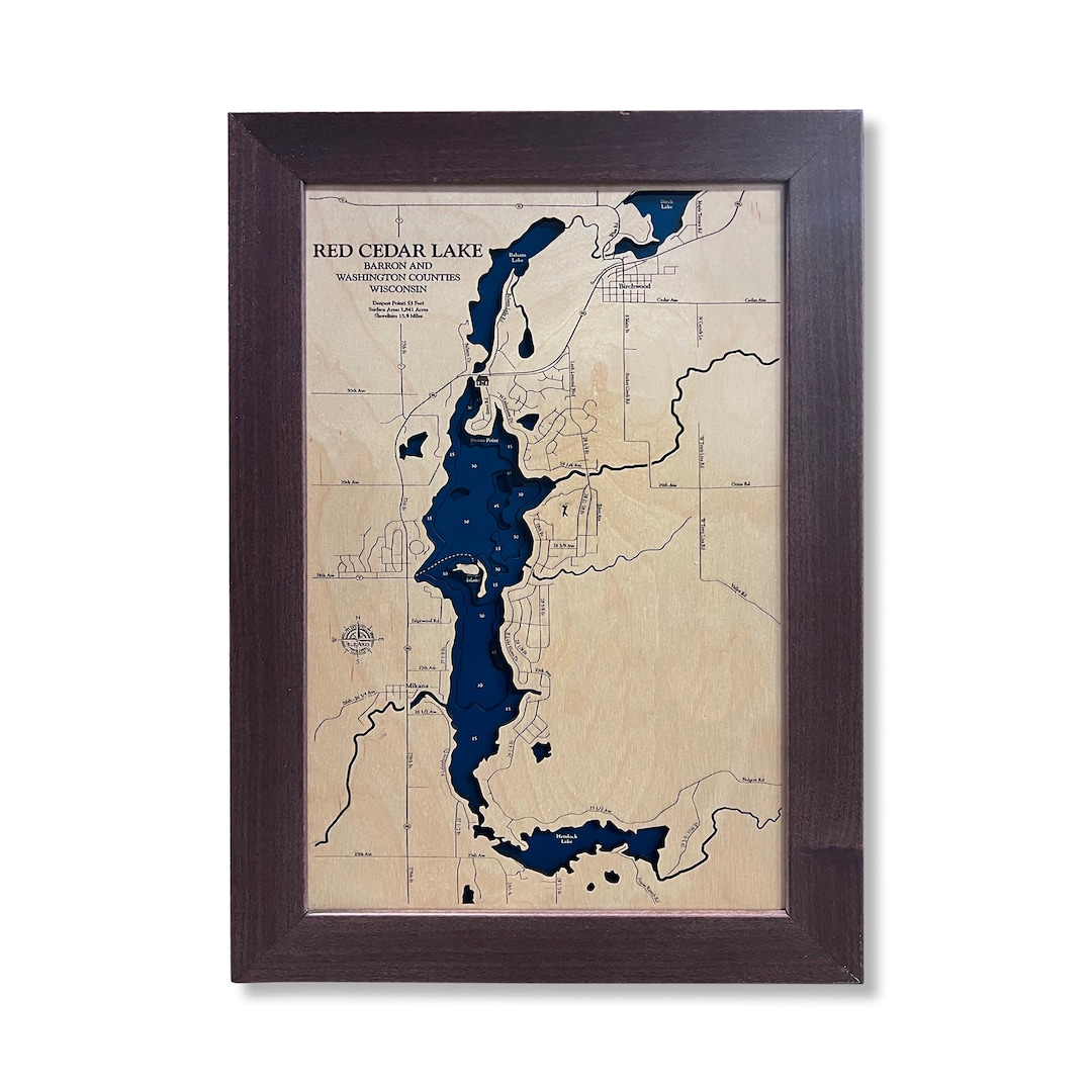 Red Cedar Lake Map, Wood Lake Map, Custom Wood Map, Lake Map, Lake Gift ...