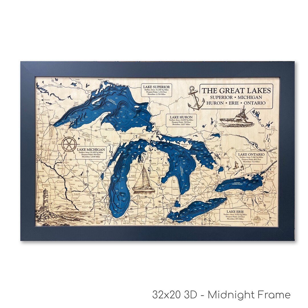 Great Lakes Map With Nautical Graphics, 3D Lake Map, Custom Lake Map ...