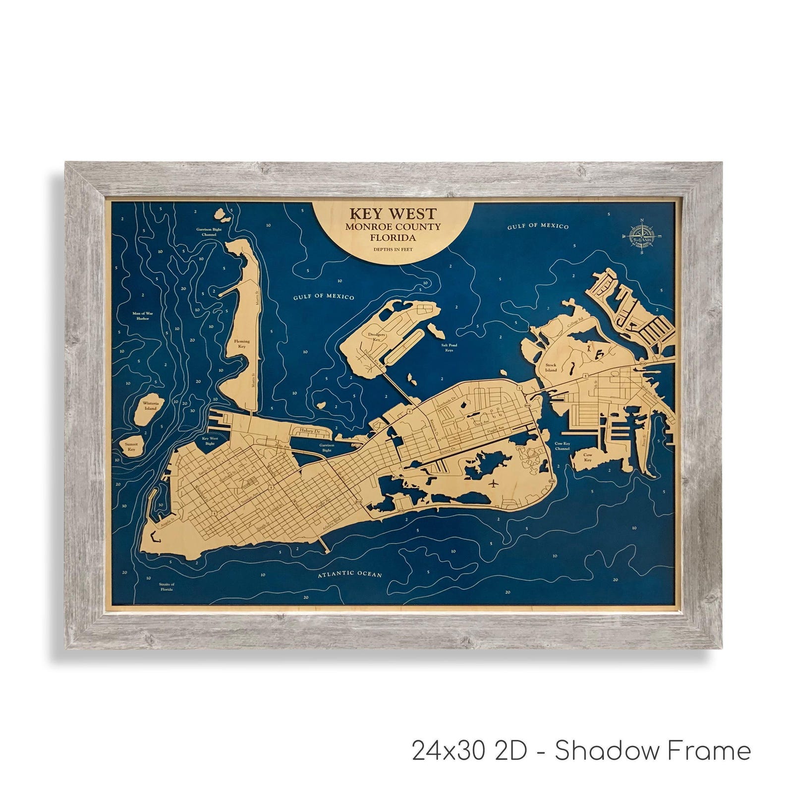Key West Florida - Dimensional Wood Carved Depth Contour Map ...