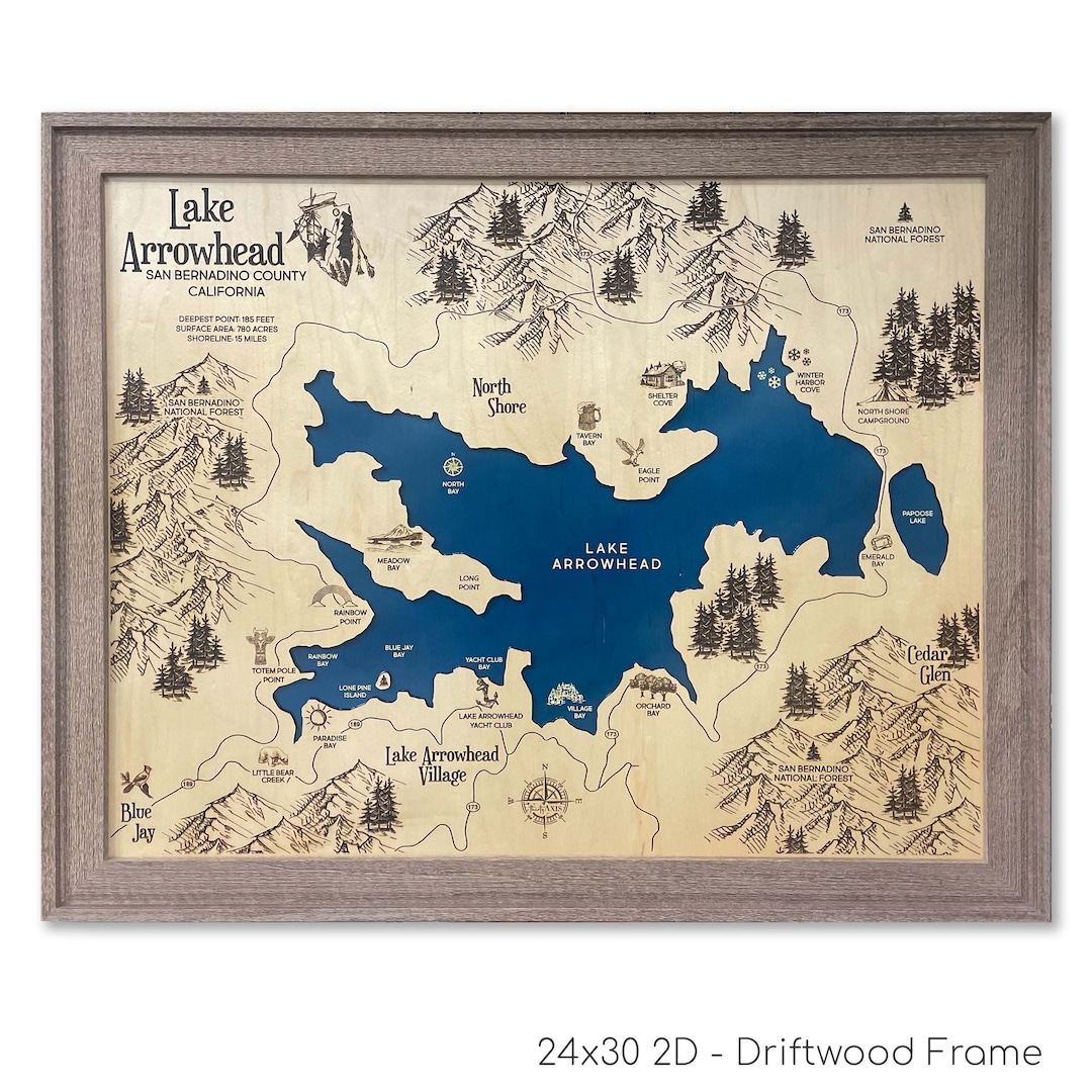 Lake Arrowhead Map With Graphic, Custom Wood Map, Custom Lake Art, 3D ...