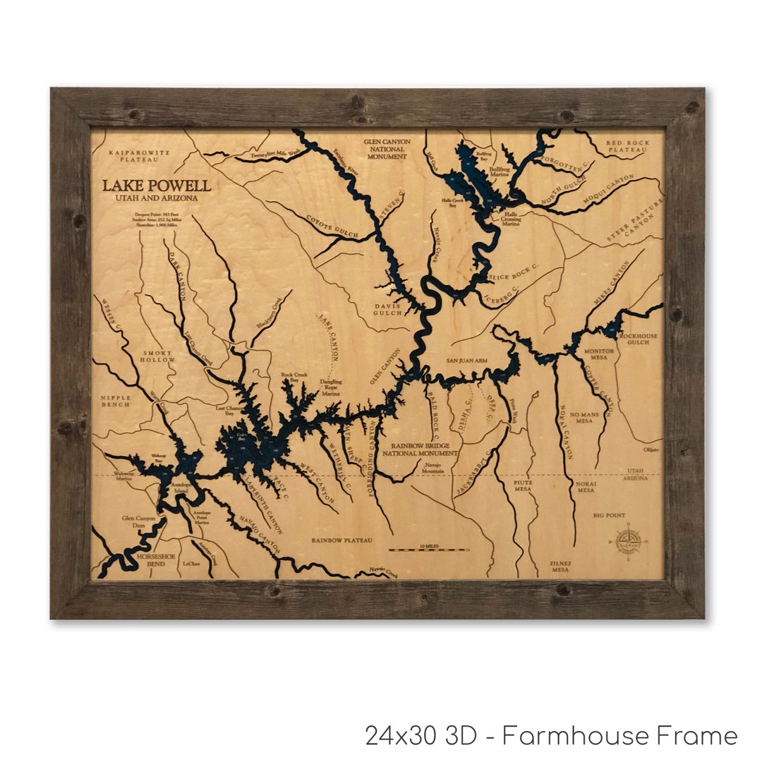 Lake Powell - Custom Wood Map - Utah Art - Utah Map - 3D Wall Art ...