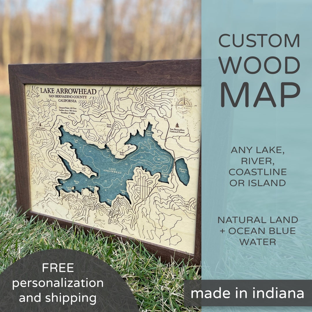 Custom Wood Map, Natural Land + Ocean Blue Water, Lake House Décor ...