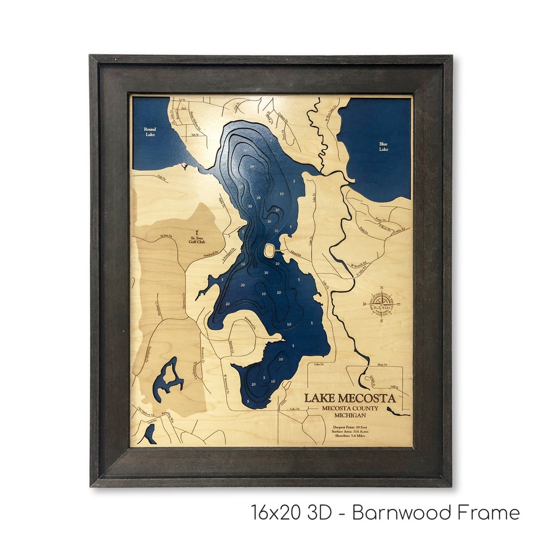 Lake Mecosta Map, Custom Wood Map, Custom Lake Art, 3D Wall Art ...