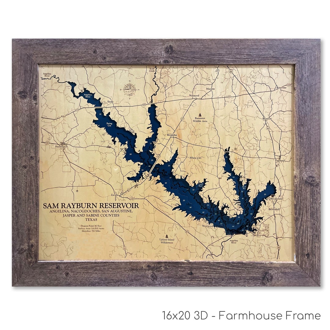 Sam Rayburn Reservoir Map, Sam Rayburn Map, Custom Lake Art, Contour ...