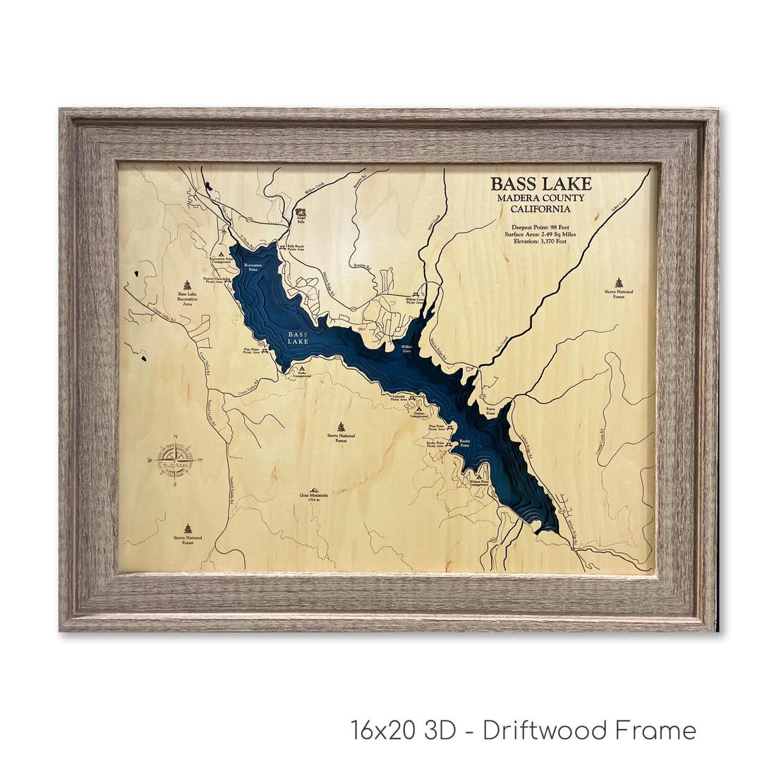 Bass Lake Map, Custom Wood Map, Custom Lake Art, 3D Wall Art, Contour ...
