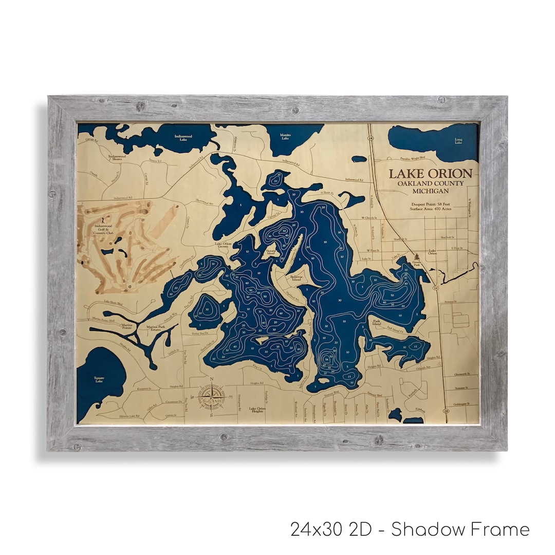 Lake Orion Map, Custom Wood Map, 3D Wall Art, Michigan, Contour Map ...