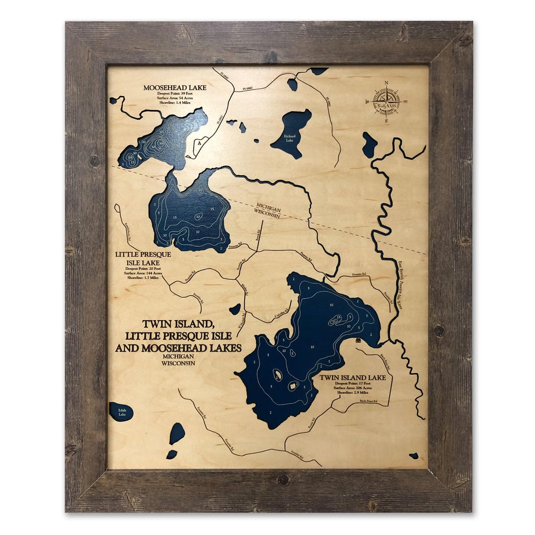 Twin Island Lake, Presque Isle Lake, Custom Wood Map, Lake Map, 3D Wall ...