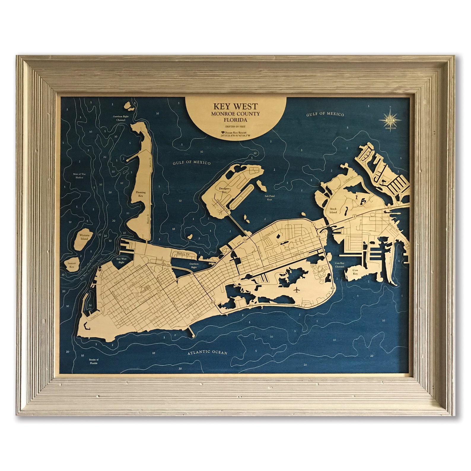 Key West Florida Dimensional Wood Carved Depth Contour Map - Etsy