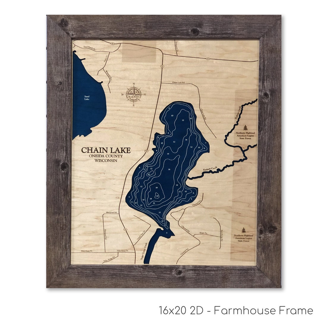Chain Lake - Custom Wood Map - Custom Lake Sign - Lake Art - 3D Wall ...