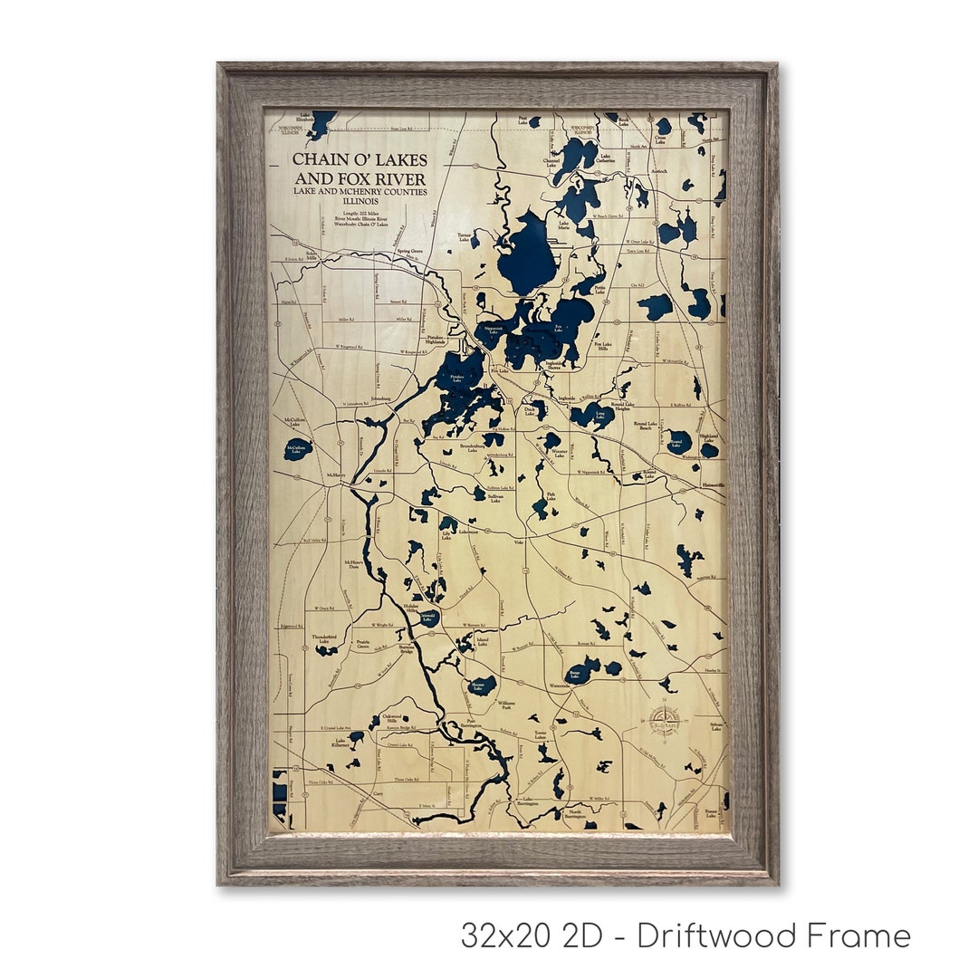 Chain O' Lakes and Fox River Illinois - Custom Wood Map - Art - 3D Wall ...