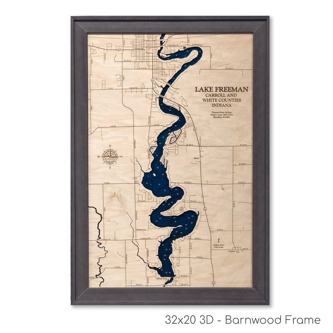 Lake Freeman - Custom Wood Map - Art - 3D Wall Art - Contour Map - Lake ...