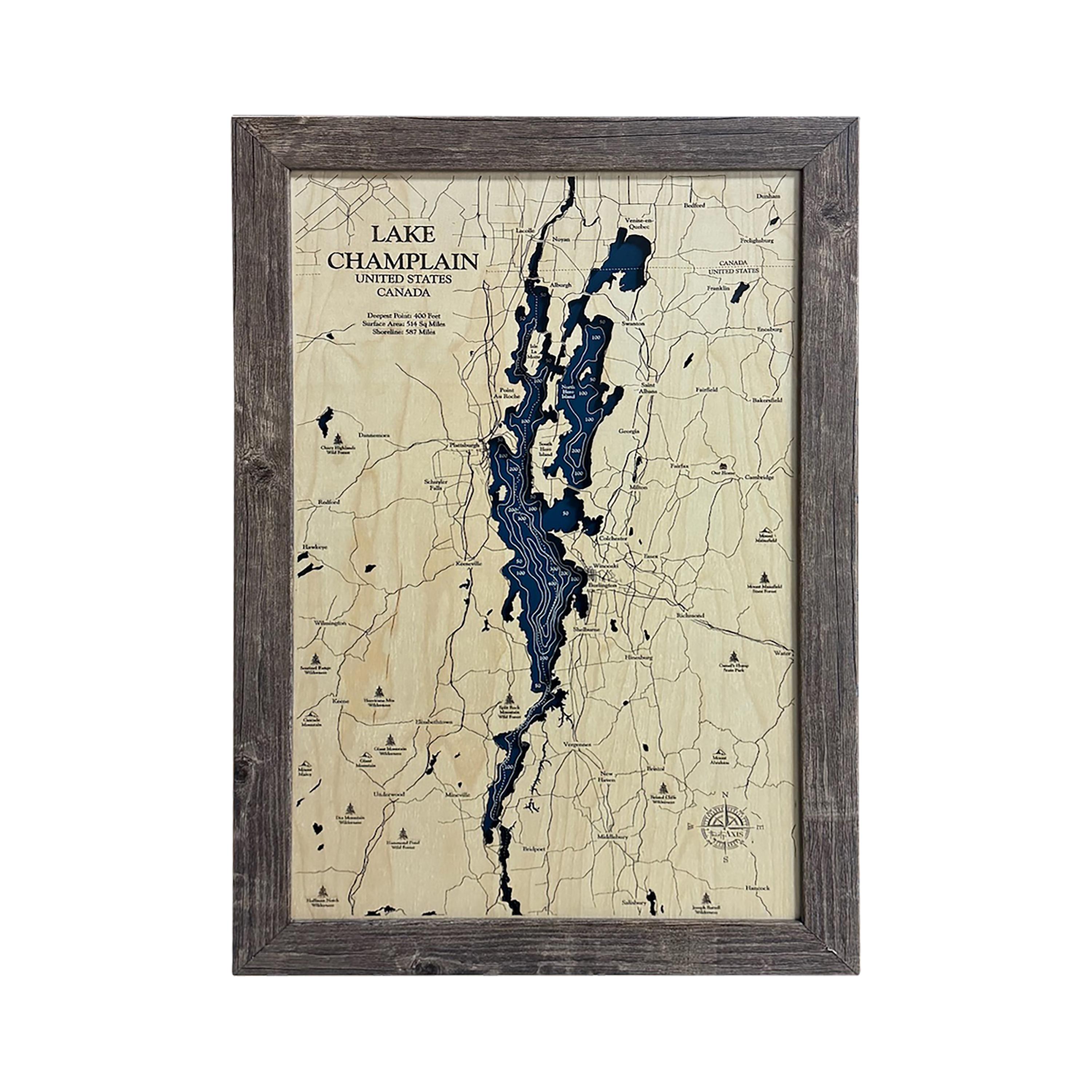 Lake Champlain Map, Lake Champlain, Wood Lake Map, Custom Wood Map, 3D ...