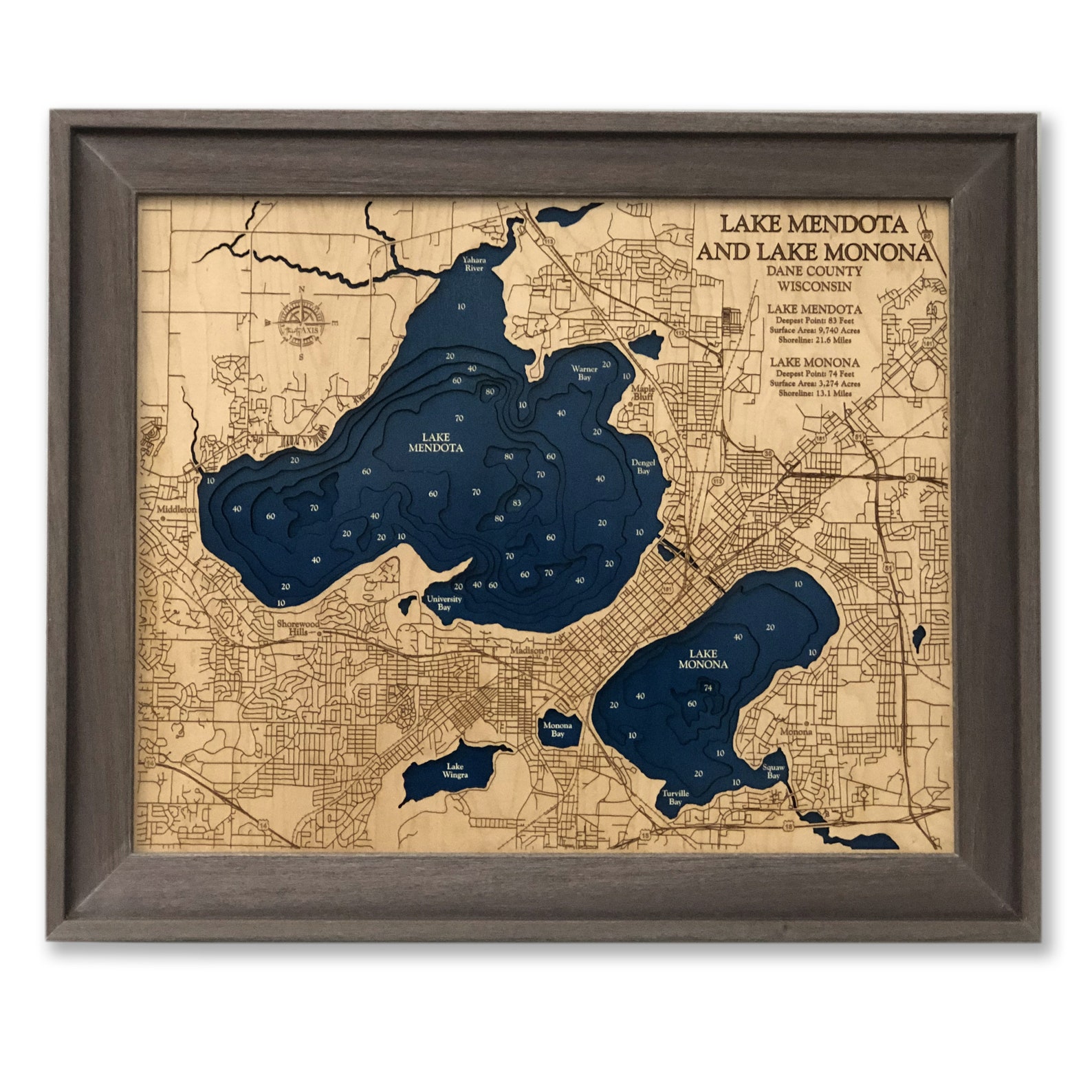 Lake Mendota Lake Monona Custom Wood Map Art 3D Wall - Etsy