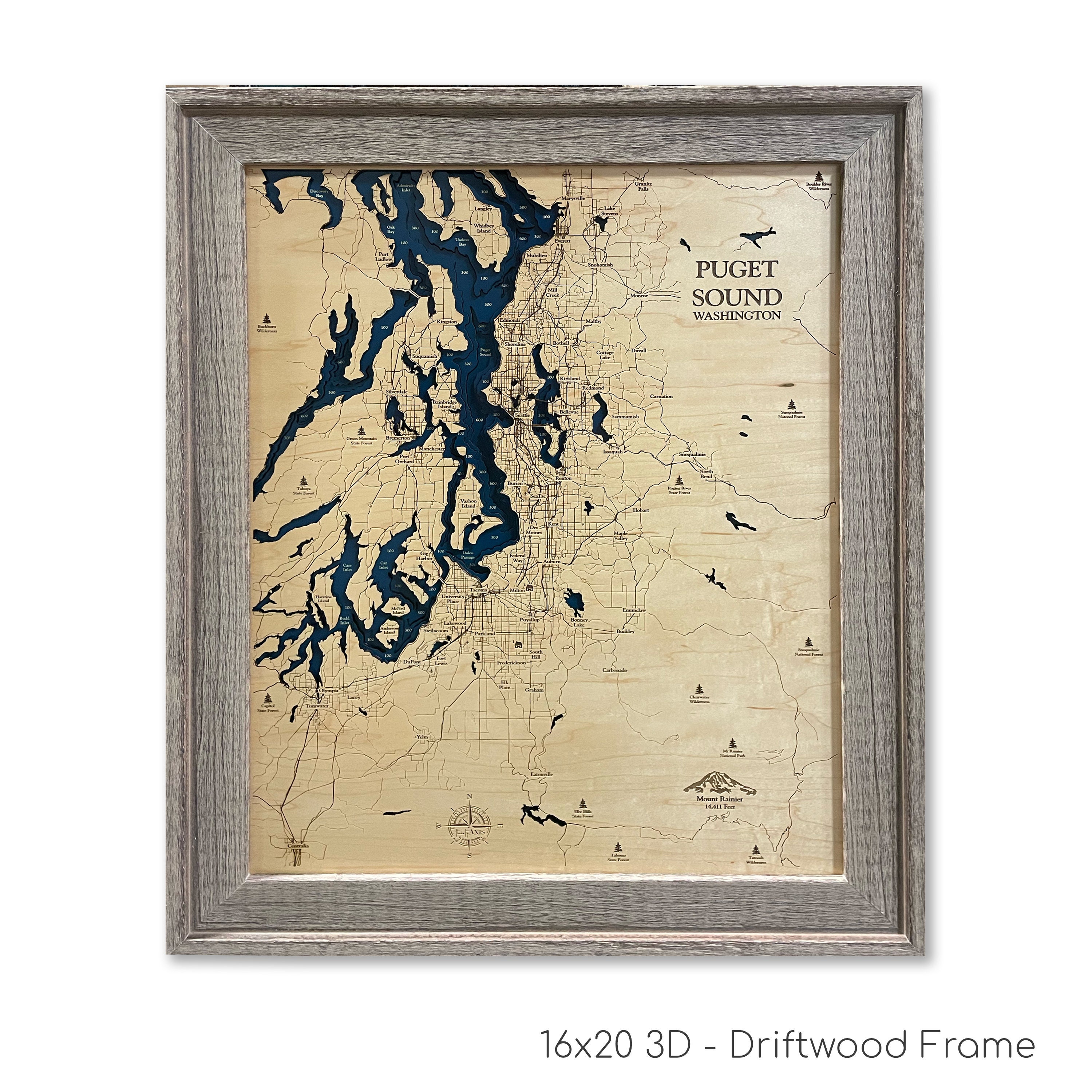 Puget Sound Map Seattle Map Tacoma Map Mt Rainier Gift Mt - Etsy