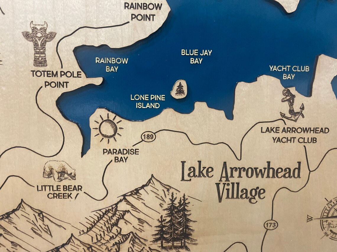 Lake Arrowhead Map With Graphic Custom Wood Map Custom Lake | Etsy
