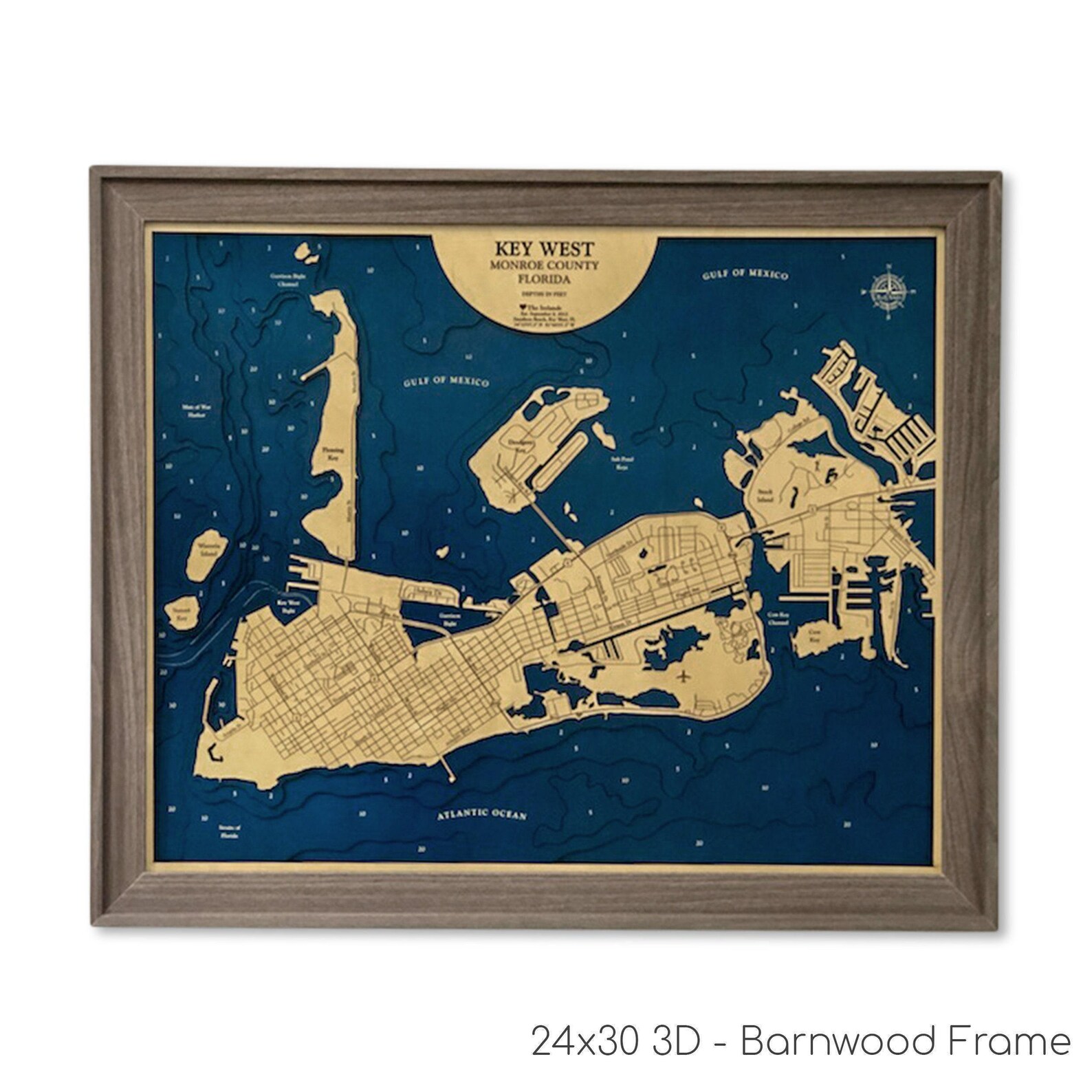 Key West Florida - Dimensional Wood Carved Depth Contour Map ...