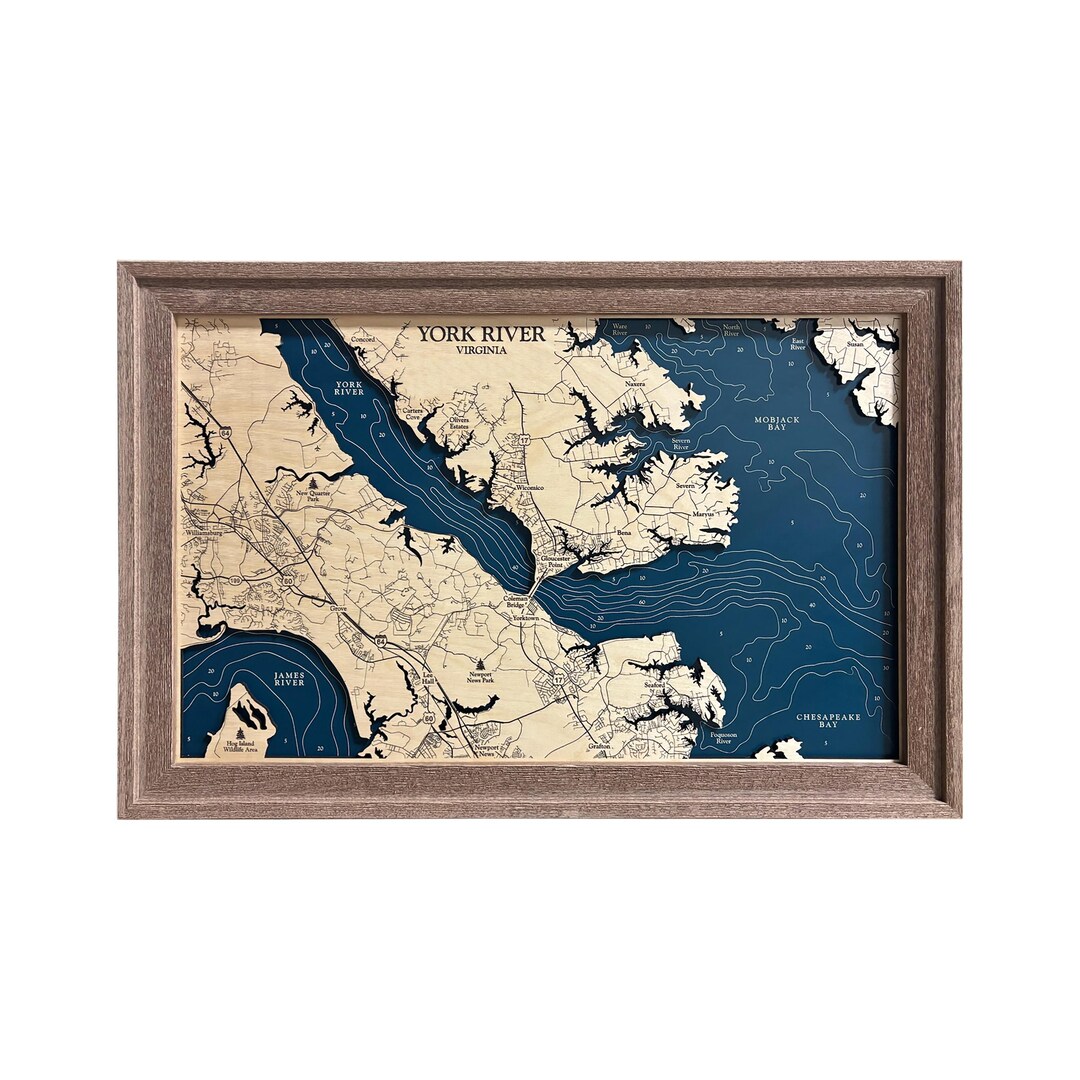 York River Map, Yorktown Map, Virginia Map, 3D Wood Map, Contour Map ...